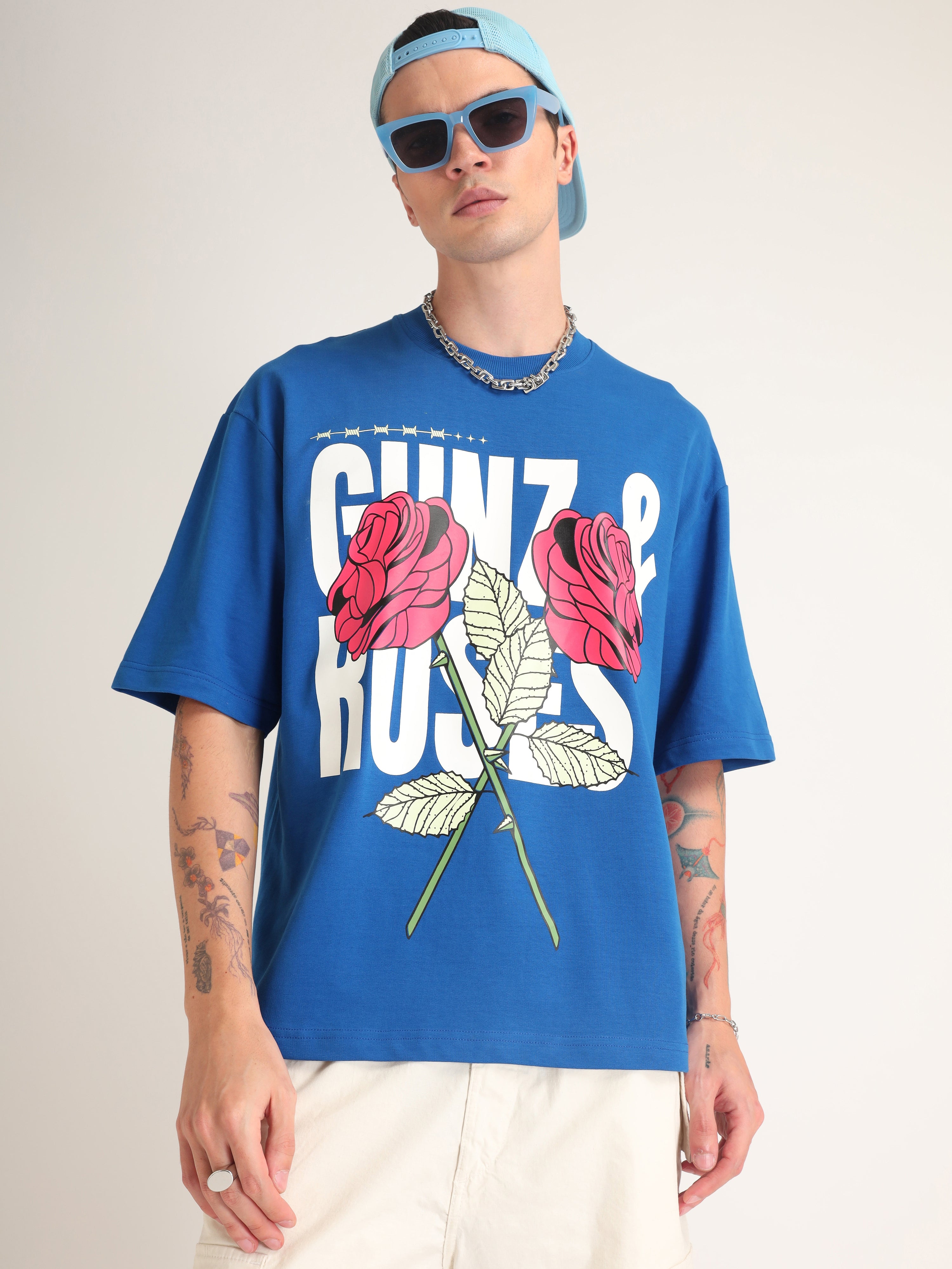 Imperial Blue Gunz & Roses Oversized T-Shirt